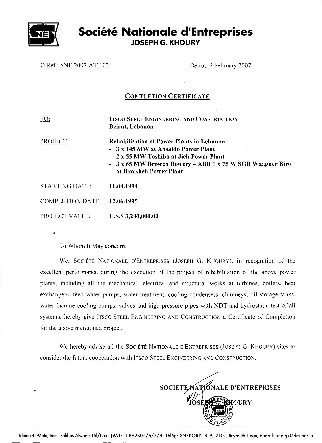 Completion Certificates – Itsco Steel